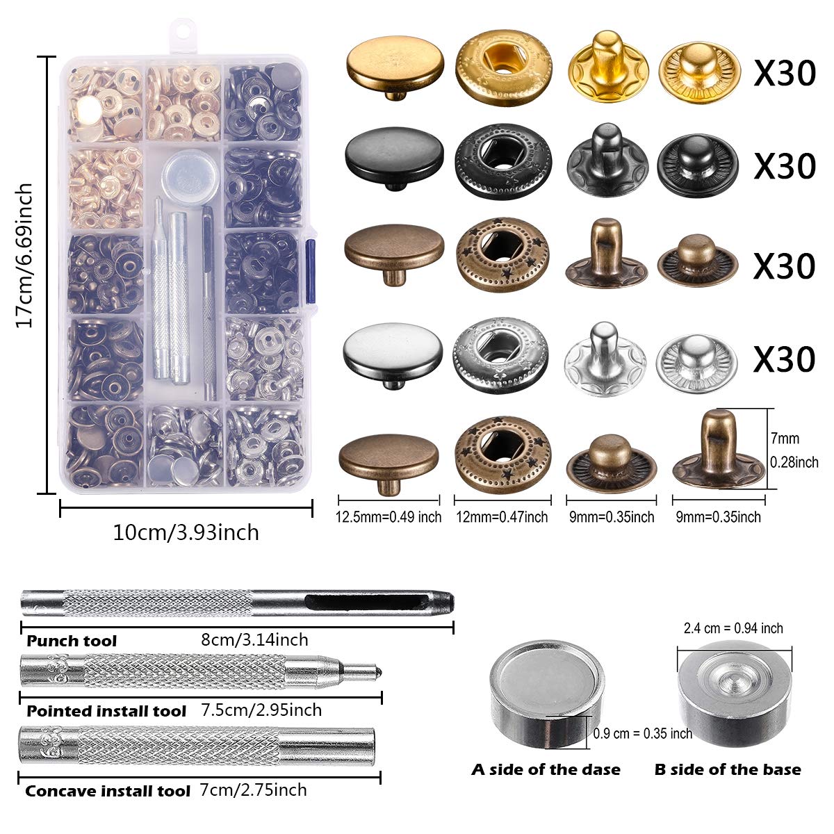 Leather Snap Button Fasteners Kit - Happon 120 Sets Metal Snap Kit with Punch Hole Pliers Press Rivets Repair Tool for Sewing Clothing Jeans Jacket - 4 Colors Snaps Studs Replacement