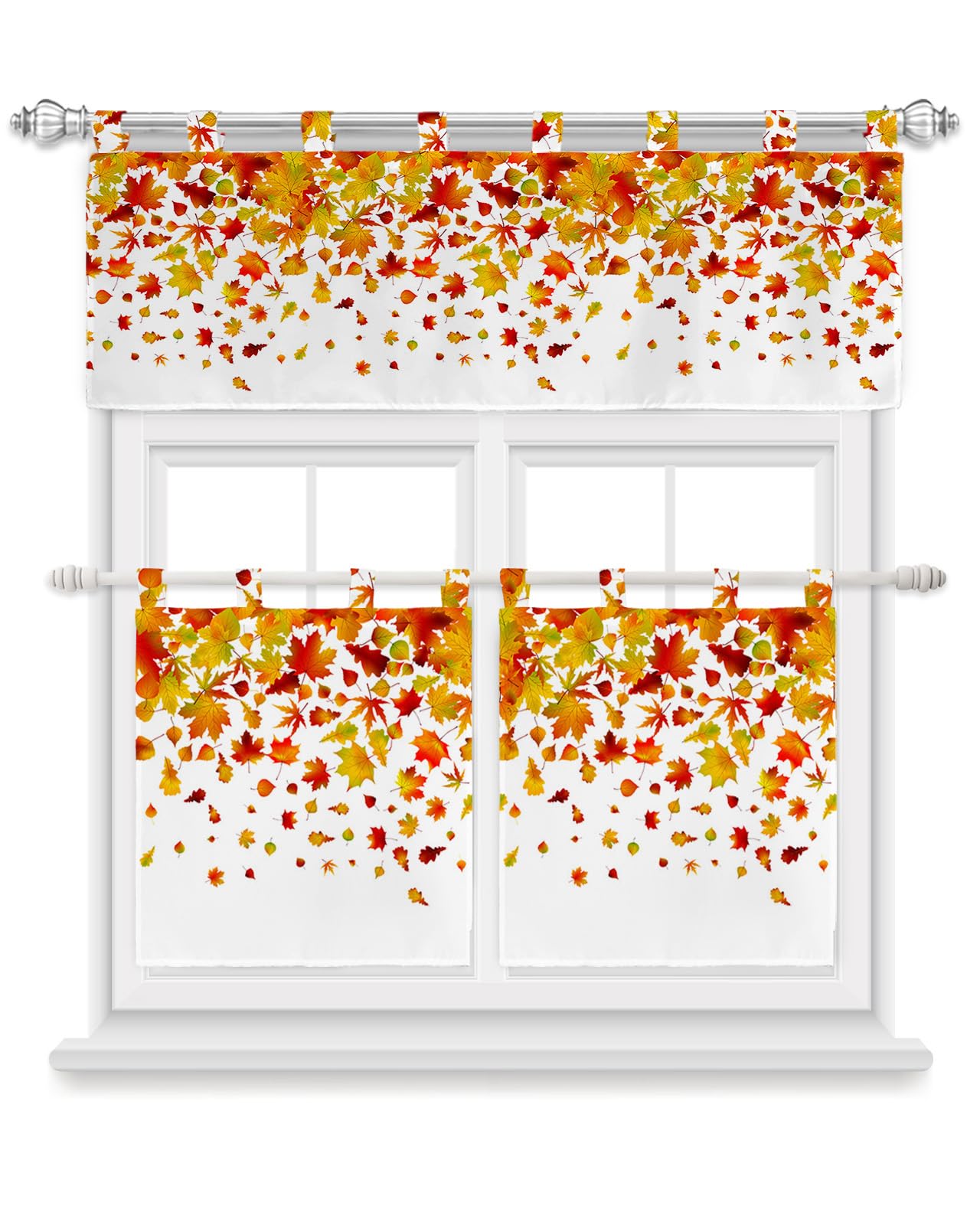 Kitchen Curtains Tiers and Valances Set 3 Piece Tab Top Valances for Windows, Fall Decor Kitchen Window Curtains Set, Valances for Living Room Bedroom, Orange Gradient Maple Leaves Thanksgiving