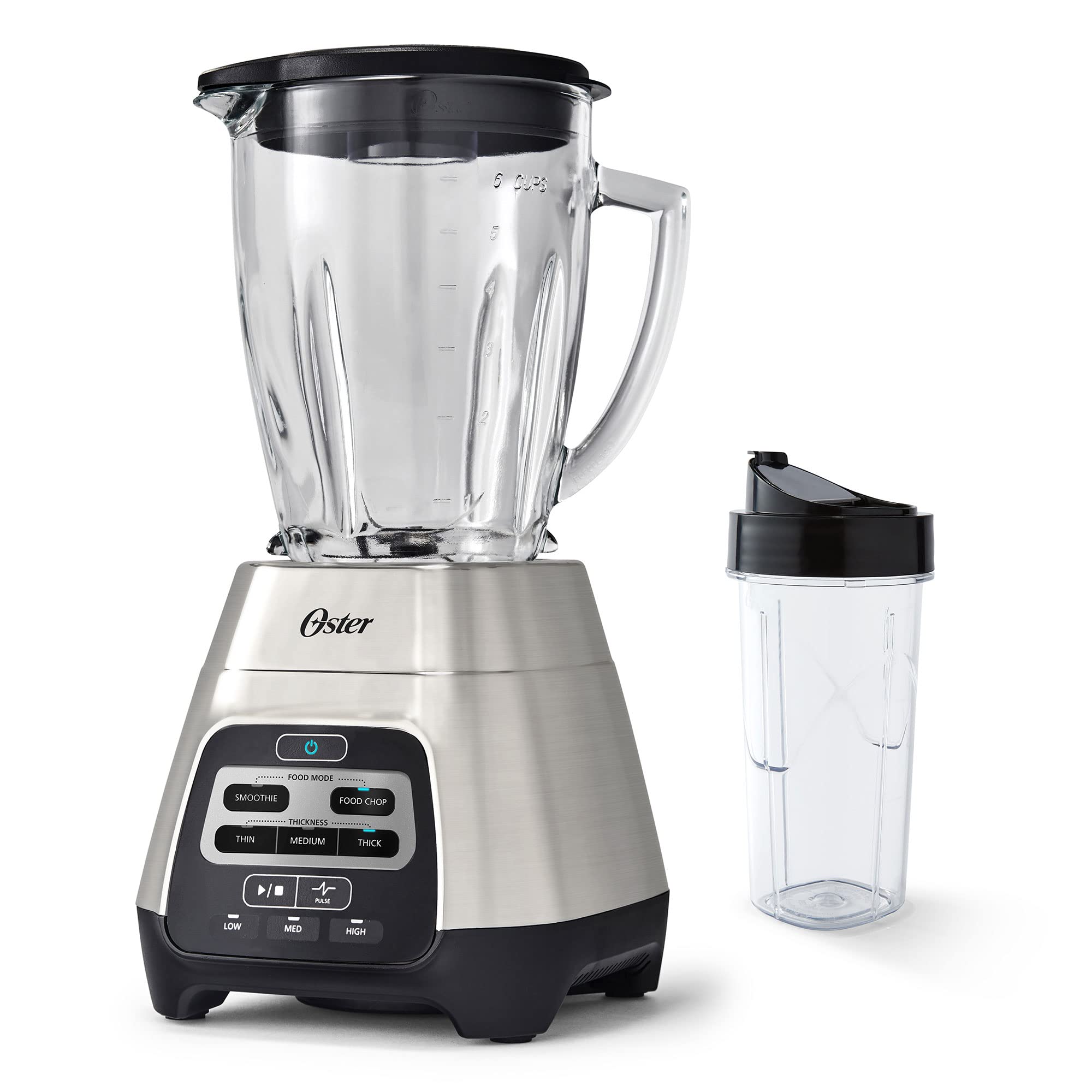 Oster Master Series 800 Watt Kitchen Blender w/Pre-Programmed Texture Select Settings, 6 Cup Shatter Resisting Glass Jar, and 24 Ounce Blend-N-Go Cup