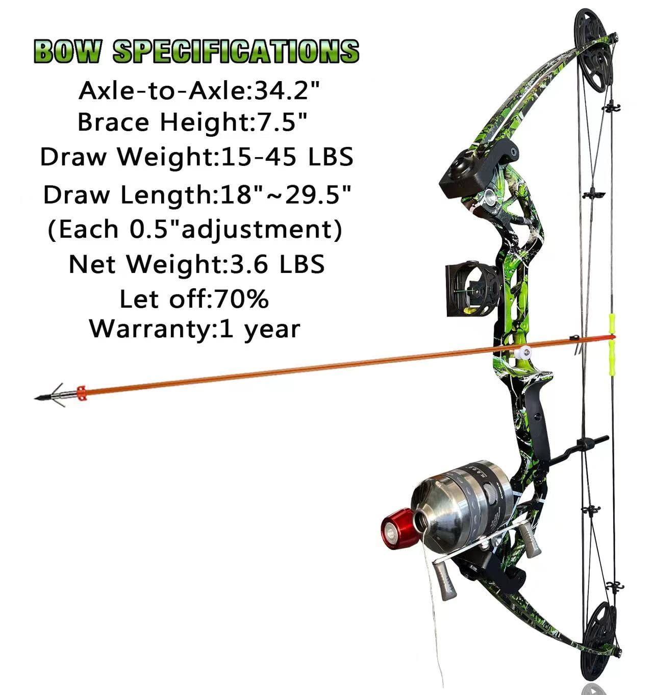 PANDARUS Bowfishing Bow Kit with Arrow Ready to Shoot Right Handed 15-45 LBS Draw Length 18"-29.5" Adjustable,Axle-to-Axle: 34.2",Complete Compound Bow Fishing Kit 2024 New(Black Left Handed)