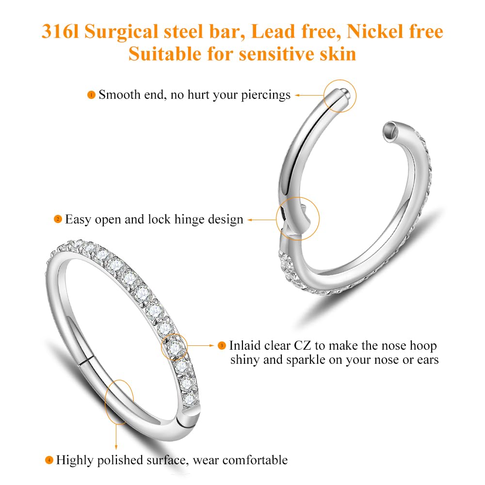 MissNity 316L Surgical Steel Hinged Nose Rings Hoop 18G Clicker Segment Septum Daith Helix Tragus Earrings Jewelry with CZ Gem, 18 Guage, Silver, 8mm