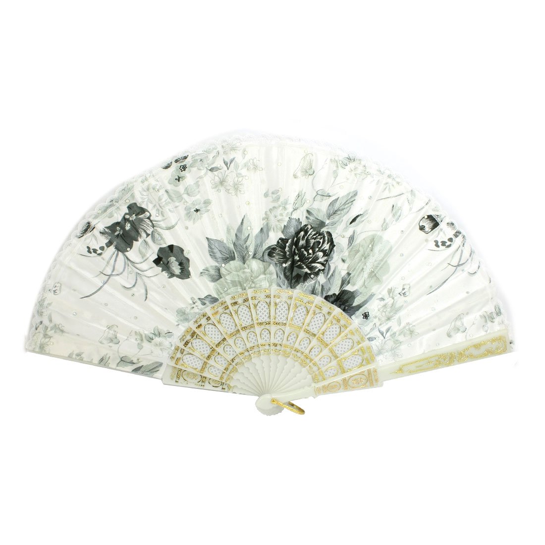 Qtqgoitem Women Gold Tone Gray Black Flower White Cloth Hand Held Fan (model: efe eca a70 d6b b09)