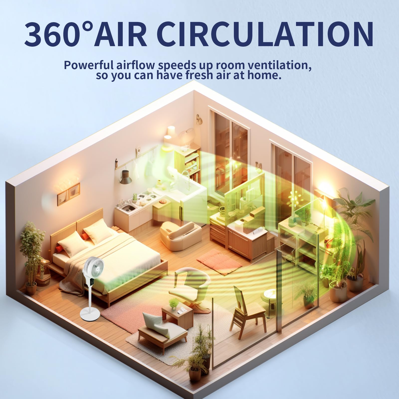 QTREE intelligence Oscillating Pedestal Fan, 360° Air Circulator Fan, 43.3inch Adjustable Height 11.8'' Standing Fan, Timer, 3 Modes, Smart Remote Control for Home, Office, Kidroom,Living Room