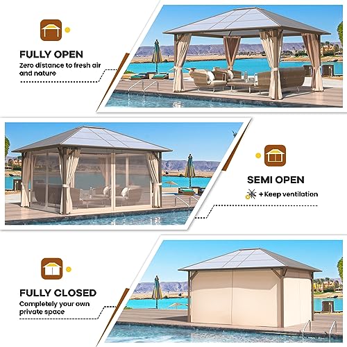 YOLENY 12'x14' Hardtop Gazebo, Outdoor Polycarbonate Roof Canopy, Aluminum Frame Permanent Pavilion with Curtains and Netting, Sunshade for Garden, Patio, Lawns