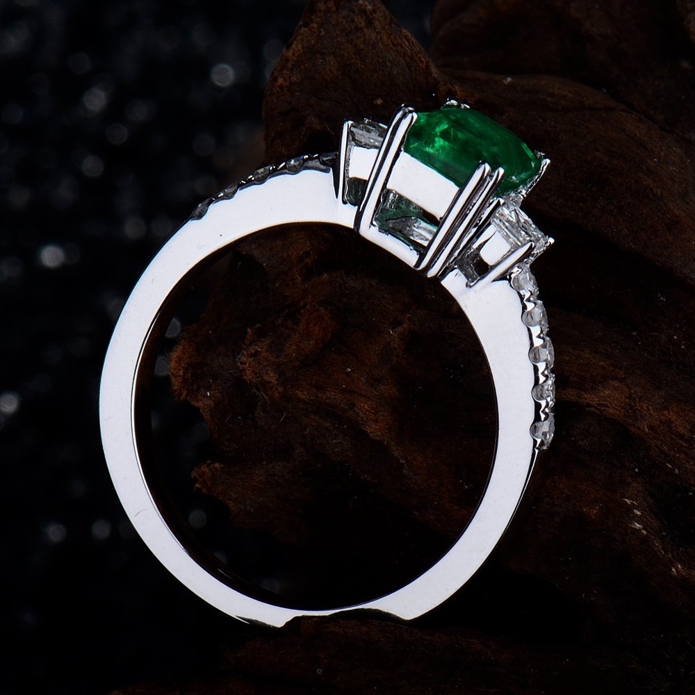 Lanmi Solid 14K White Gold Natural Green Emerald Rings Engagement Wedding Diamond Band for Women Promotion