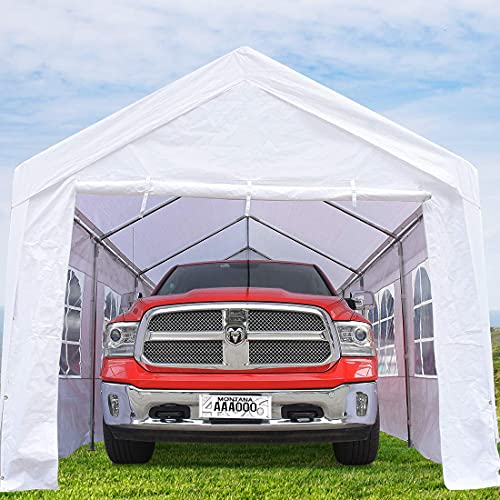 PEAKTOP OUTDOOR 10x20 ft Heavy Duty Carport Car Canopy with Removable Window Sidewalls, Portable Garage Tent Boat Shelter with Reinforced Triangular Beams, White
