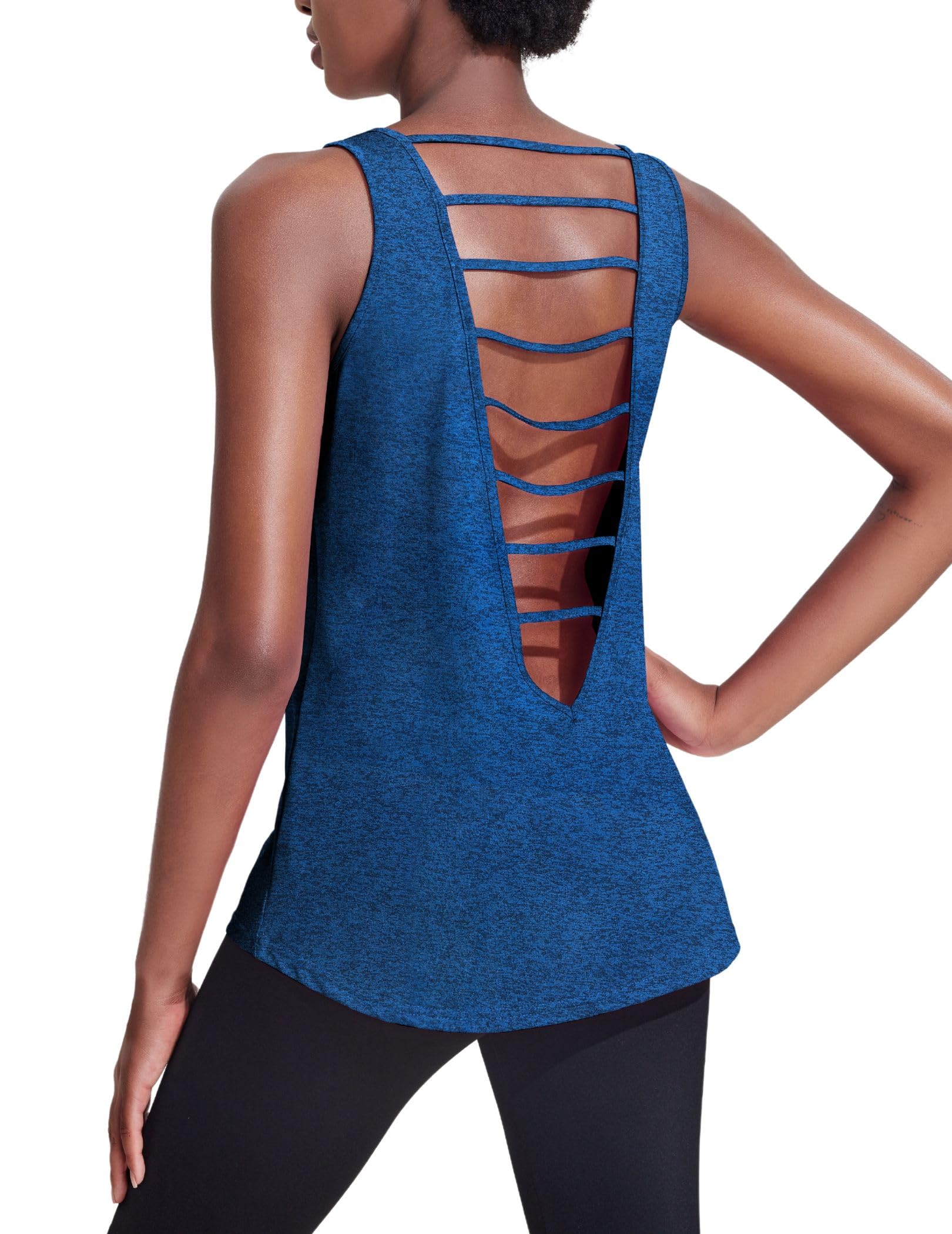 PINSPARK Sleeveless Workout Tank Tops for Women Backless Yoga Shirts Open Back Shirts Blue