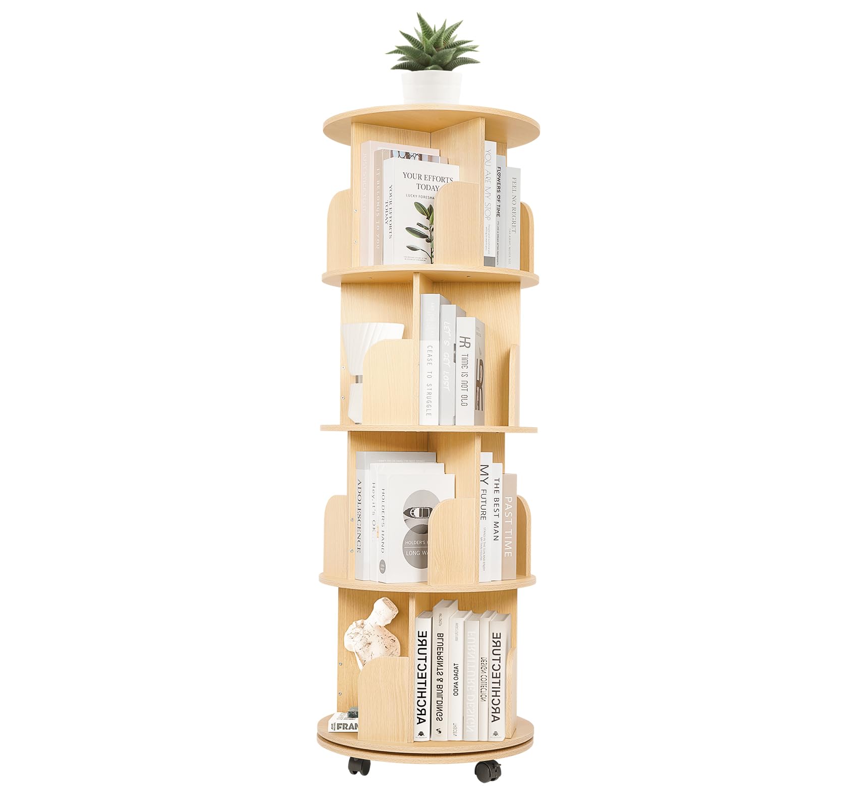 tonchean 4 Tier Rotating Bookshelf Tower,Wood Revolving Bookcase with Wheels Vertical Kids Toddler Bookshelf with Storage,Corner Display Bookshelf Rack for Library Study Office Living Room