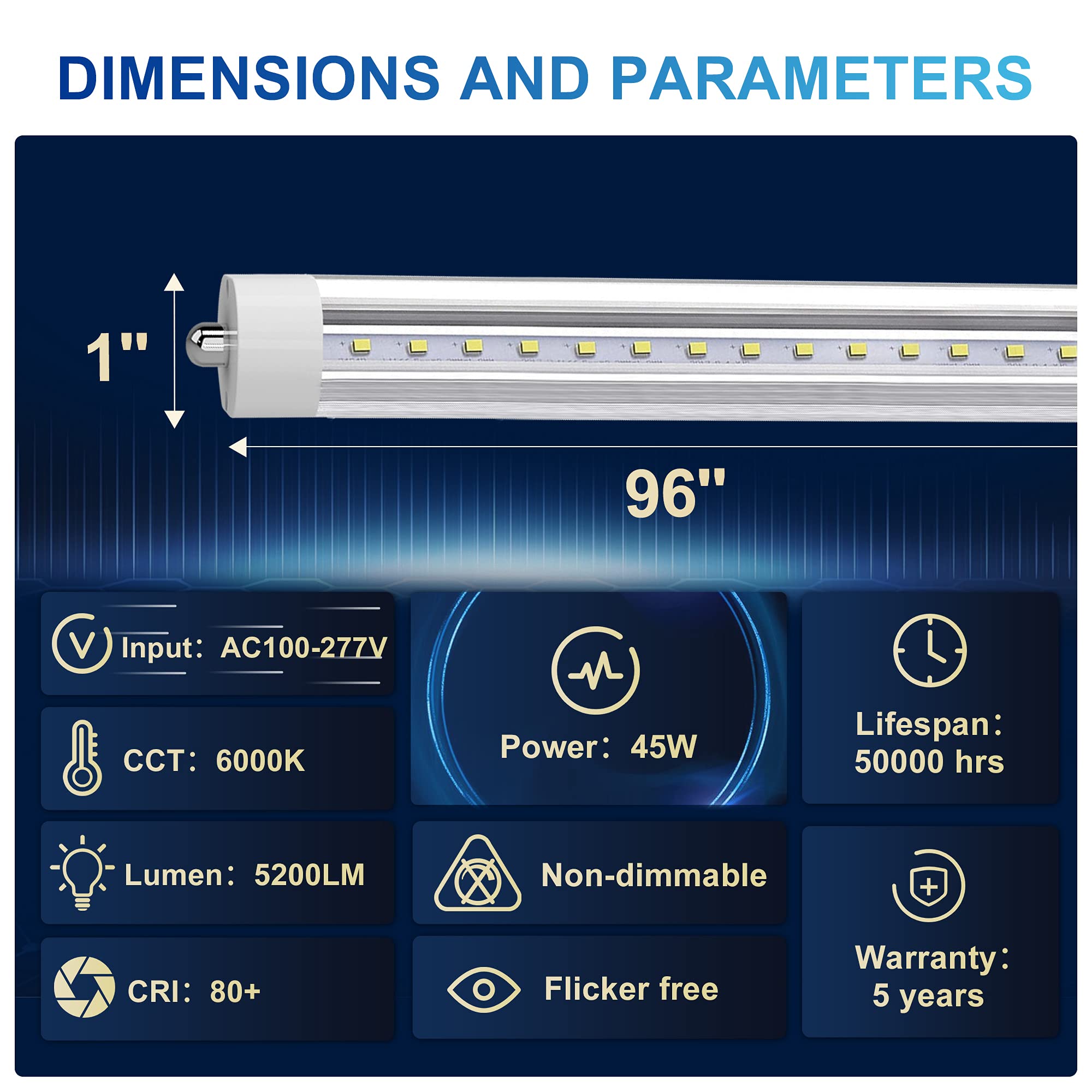 LEDIARY 25-Pack 8FT LED Tube Light, for T8 or T10 or T12 Flourescent Light Bulbs (120W) Replacement, 45W 5200LM 6000K, FA8 Single Pin Base, Dual Ended Power, Ballast Bypass