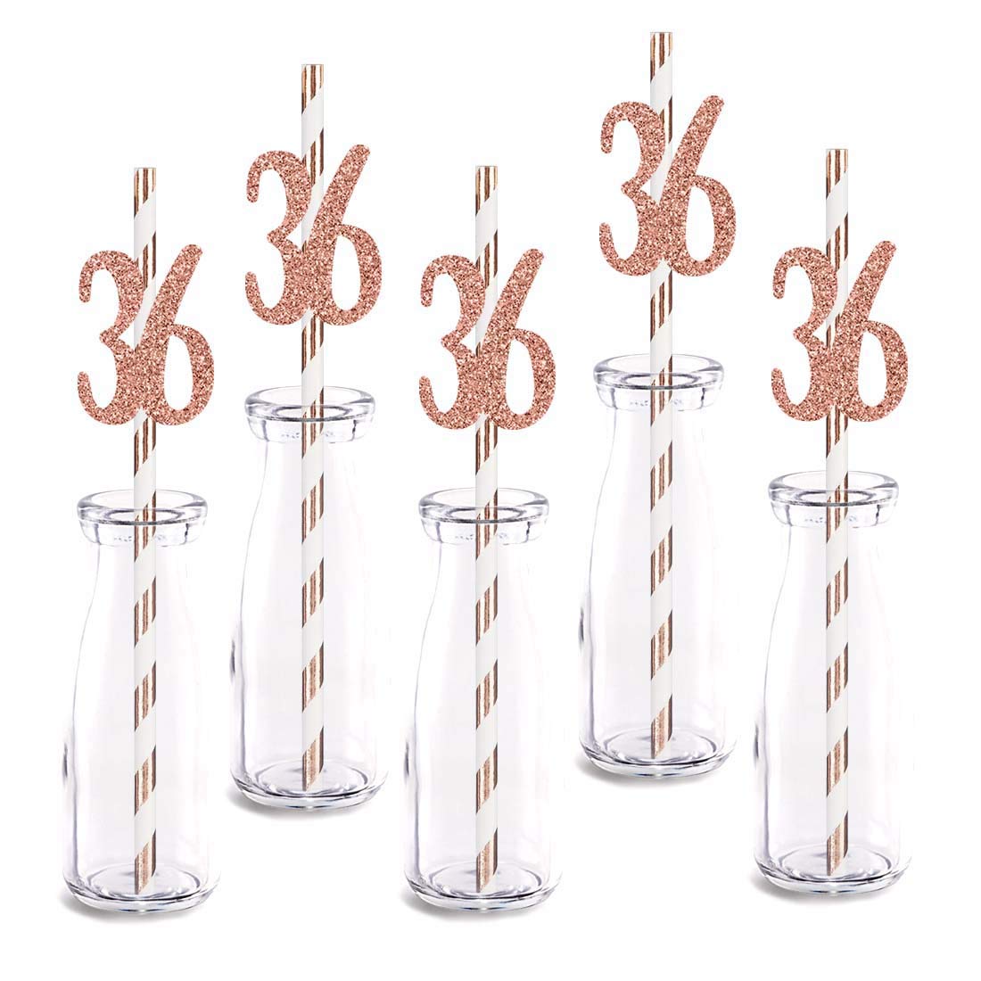Rose Happy 36th Birthday Straw Decor, Rose Gold Glitter 24pcs Cut-Out Number 36 Party Drinking Decorative Straws, Supplies
