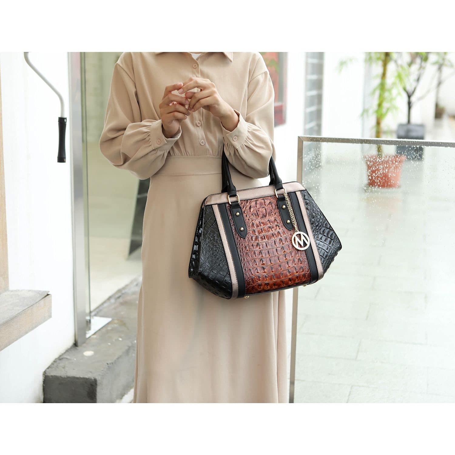 MKF satchel bags for women, Featuring a faux crocodile-embossed finish crossover handbag, shoulder side messenger bag Beige