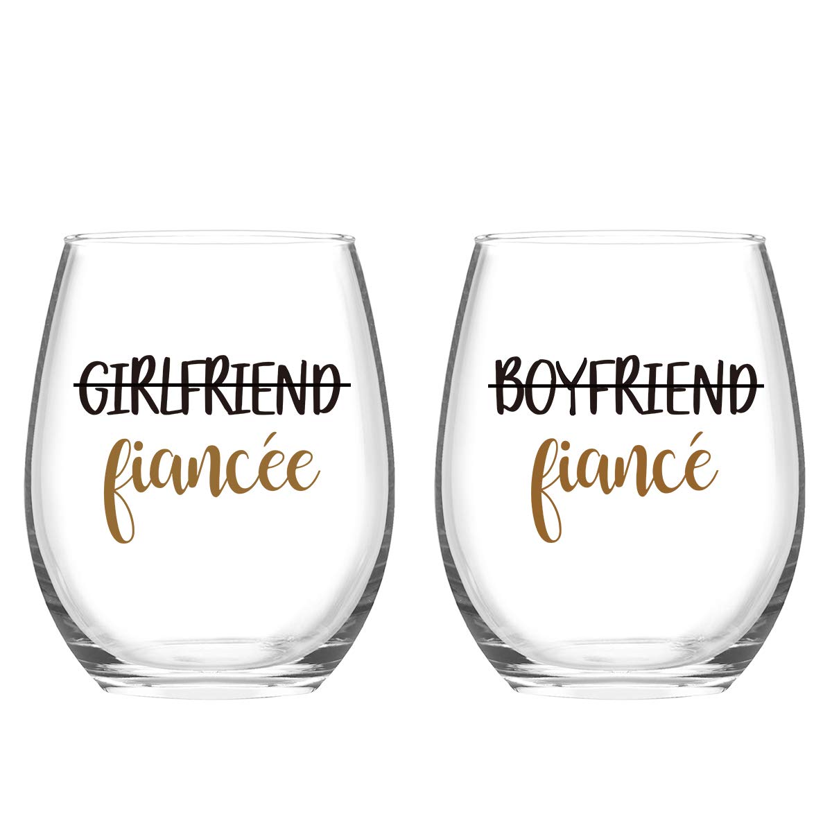 Modwnfy Boyfriend and Girlfriend Wine Glass, Fiance and Fiancee Stemless Wine Glass 15Oz, Engagement Gifts for Couples Fiance Fiancee Him Her (Set of 2)