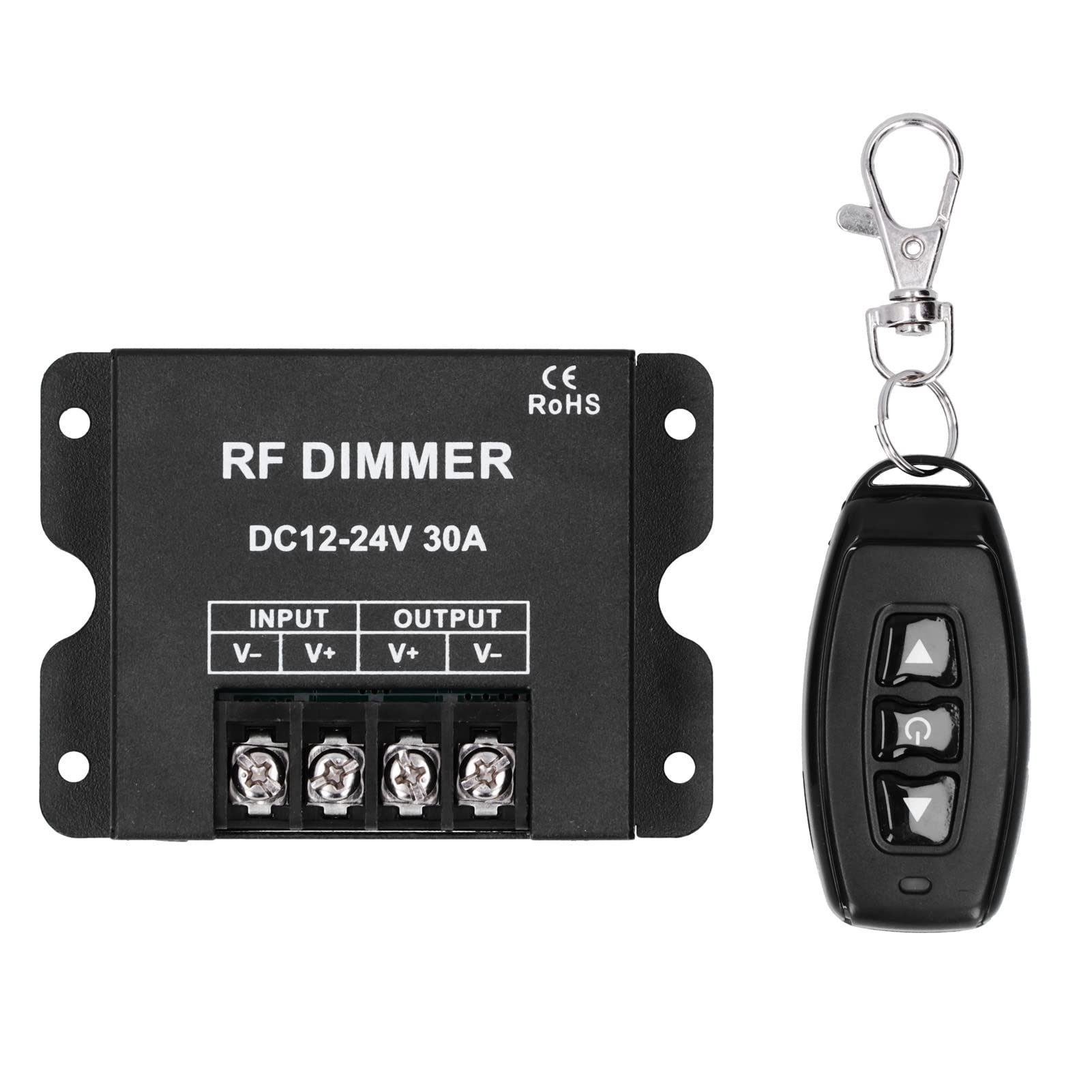 LED Dimmer Controller, DC 12V-24V 30A LED Single Color Dimmer Controller 3 Keys RF Large Power Cordless Remote PWM Dimming Control for 5050 3538 Lamps