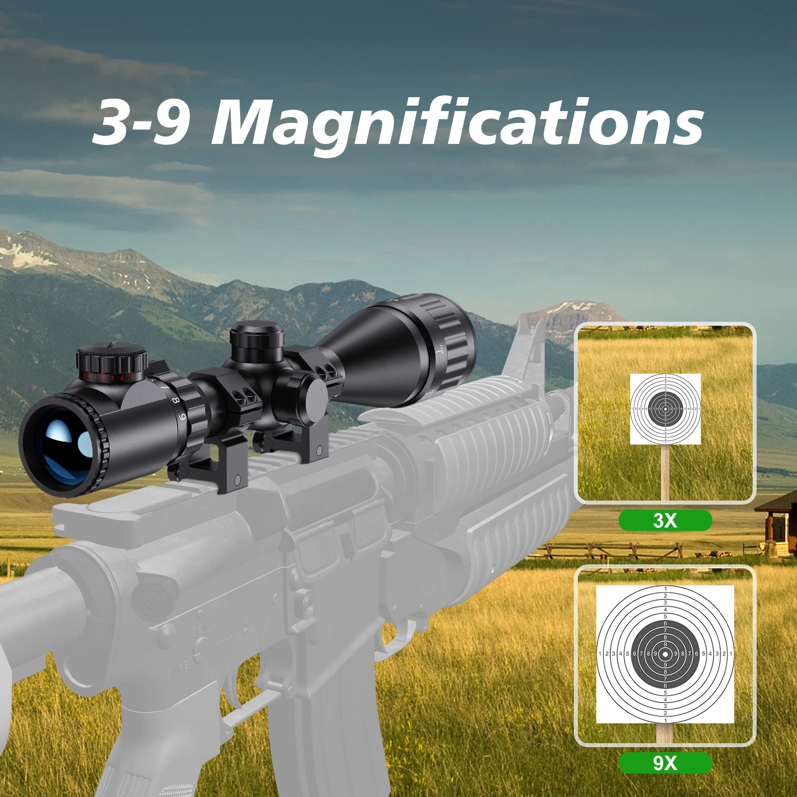 Paike .22 3-9x40mm Adjustable Obj. Rifle Scope, Illuminated Air Rifle Scope Airsoft Scope with 20mm Mounts