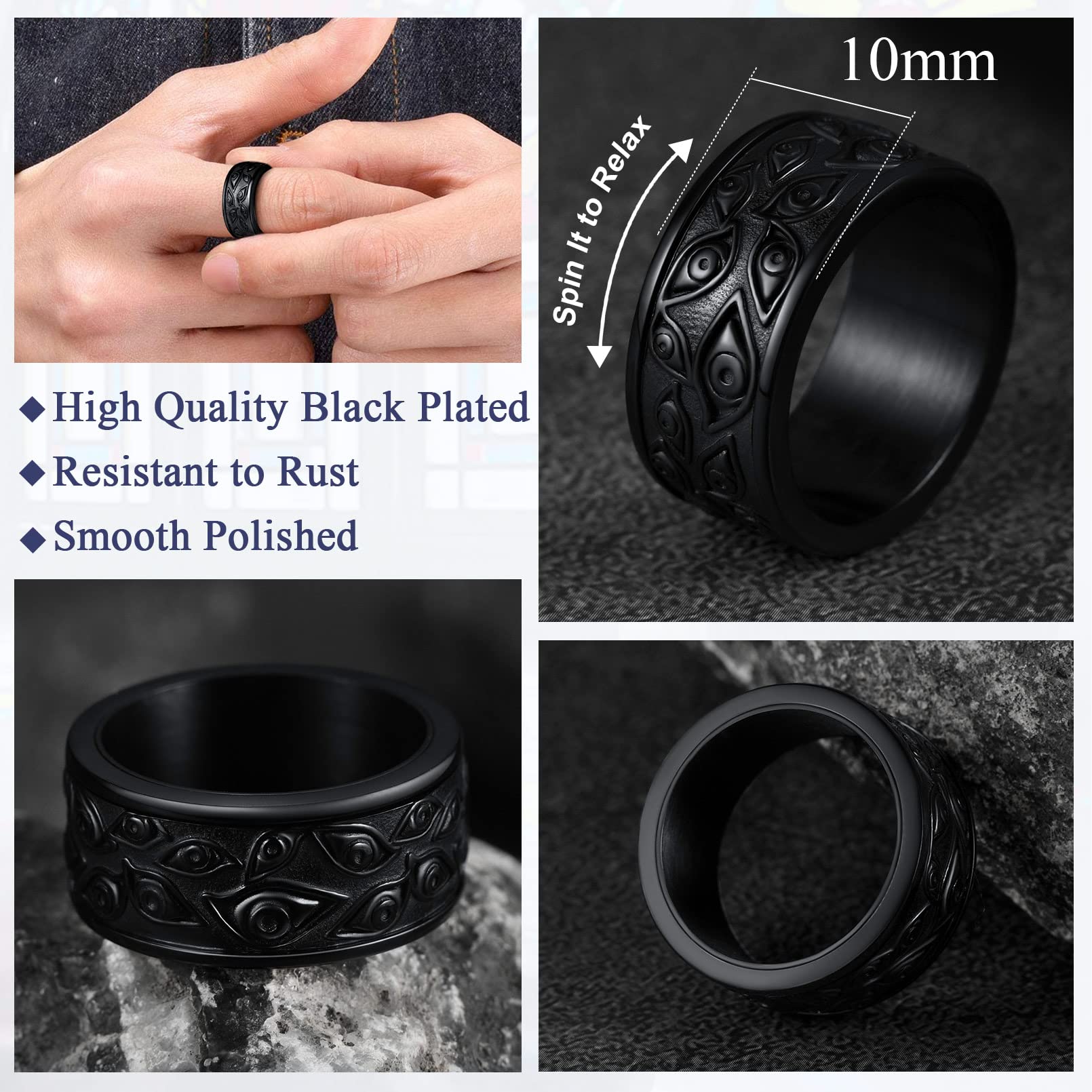 Personalized Custom Antique Eye of God Band Thumb Rings, Black Punk Pinky Ring for Male, Women Spinner Stackable Finger Acccessories
