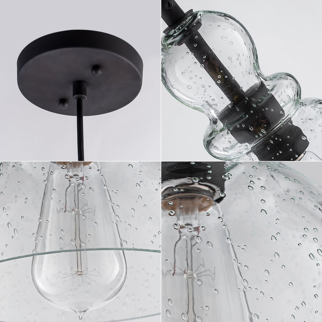 LANROS Farmhouse Kitchen Pendant Lighting with Handblown Clear Seeded Glass Shade, Adjustable Cord Mini Ceiling Light Fixture for Kitchen Island Sink, Matte Black Finish, 7inch, 2 Pack