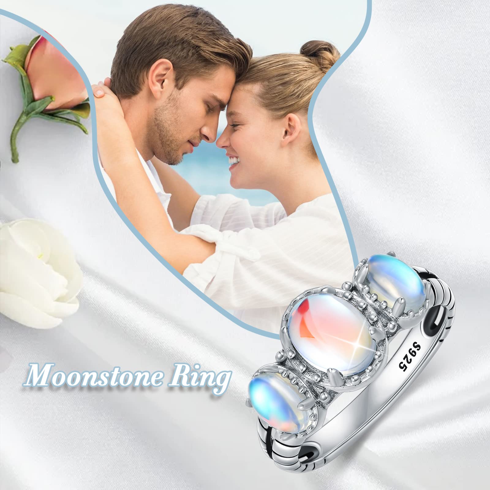 PLATYCO Moonstone Ring 925 Sterling Silver Moonstone 3 Stone Ring Gift for Women (6)