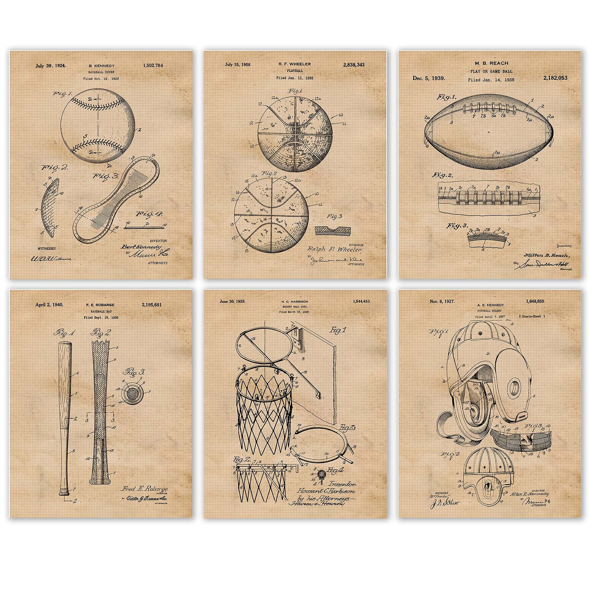 Vintage Football Baseball Basketball Sports Patent Prints, 6 (8x10) Unframed Photos, Wall Art Decor Gifts Under 25 for Home Office Man Cave Garage Shop Gym Student Teacher Coach School Teams Gear Fans