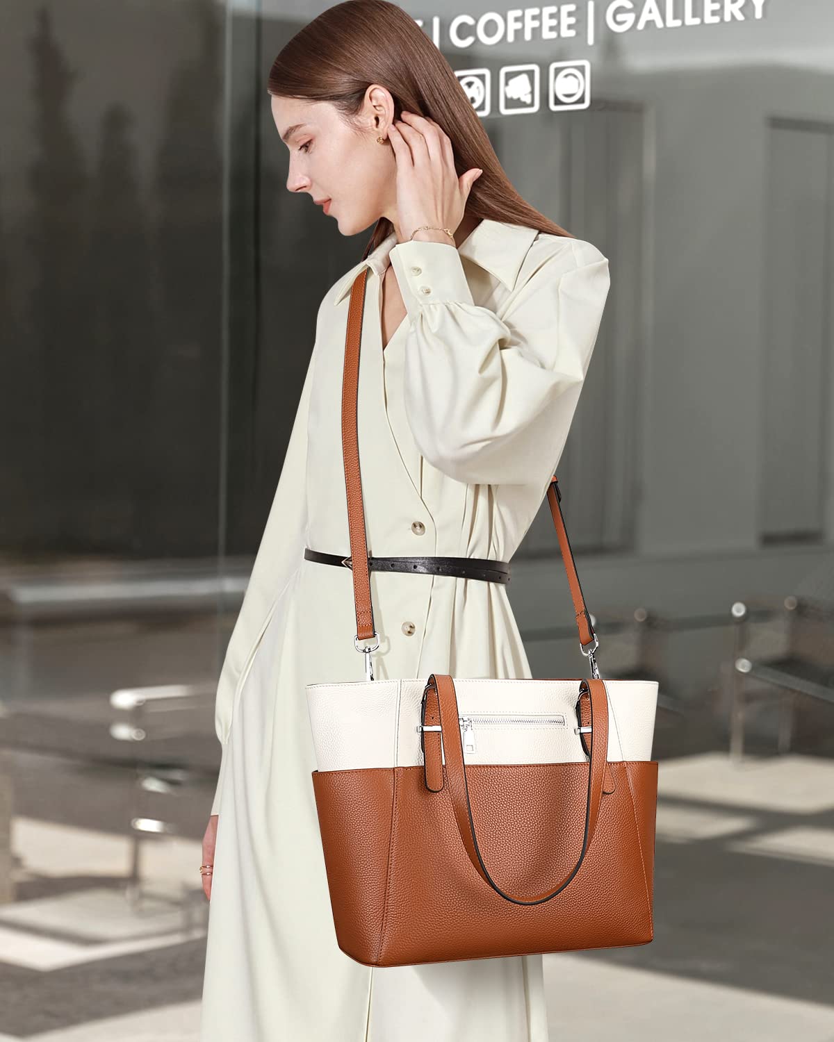 Over Earth Women Leather Handbags Genuine Leather Tote Shoulder Bag Crossbody with Multi Pockets(O105E Brown with White)
