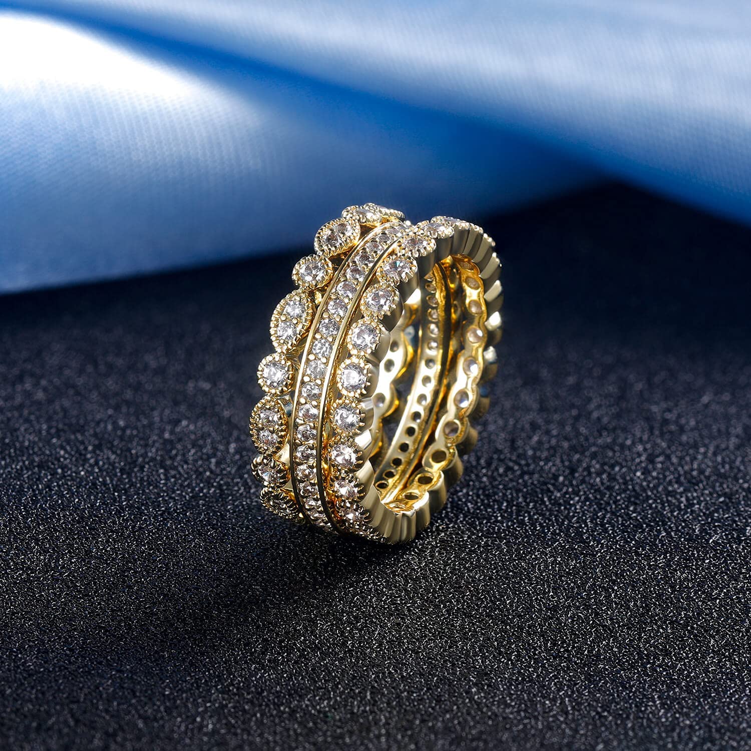 OPOMOMO 3Pcs 2mm Women Stackable Eternity Ring Wedding Bands,18K Gold Plated Cubic Zirconia Promise Rings Set 7