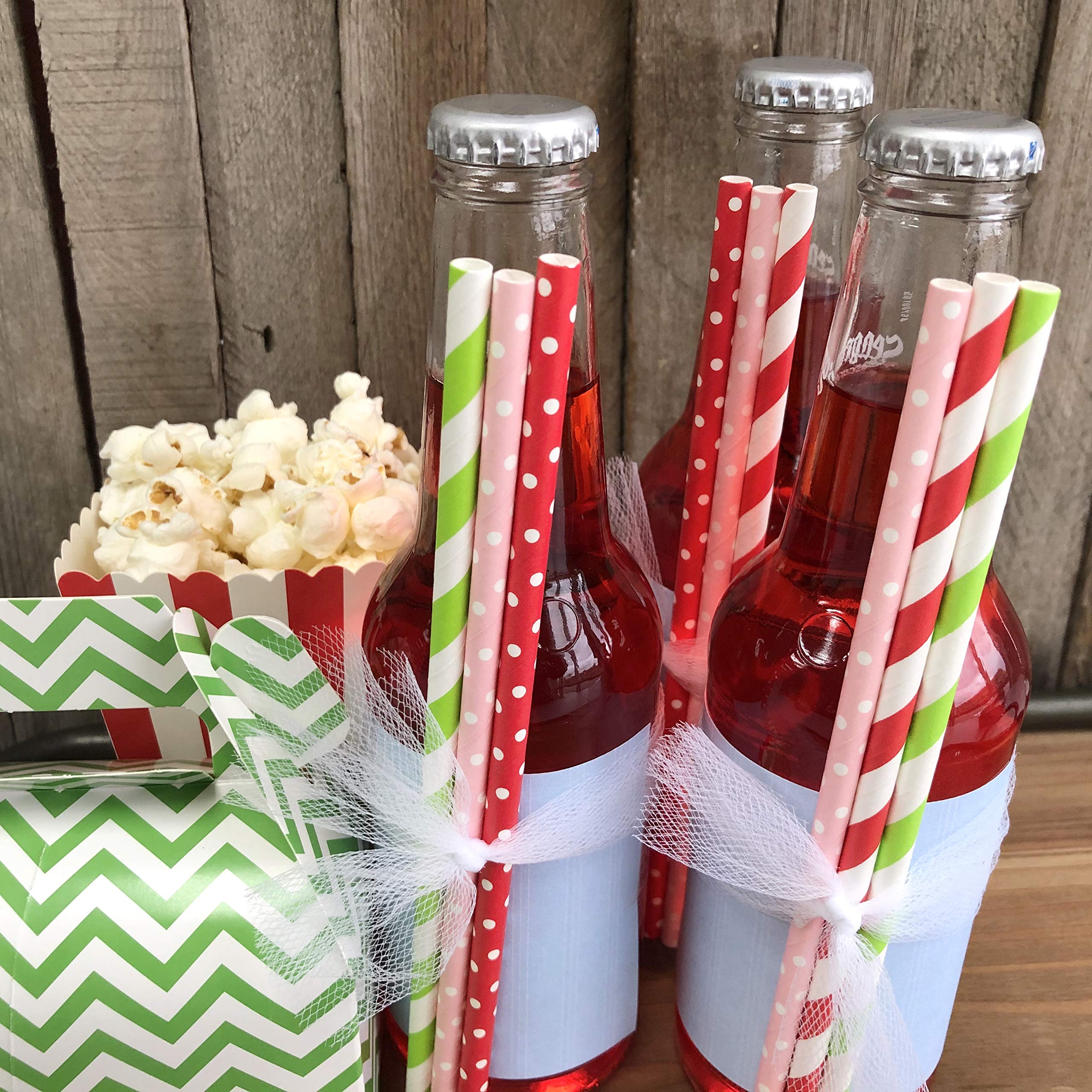 Outside the Box Papers Strawberry Shortcake Theme Polka Dot and Striped Paper Straws 7.75 Inches 100 Pack Red, Pink, Lime Green, White