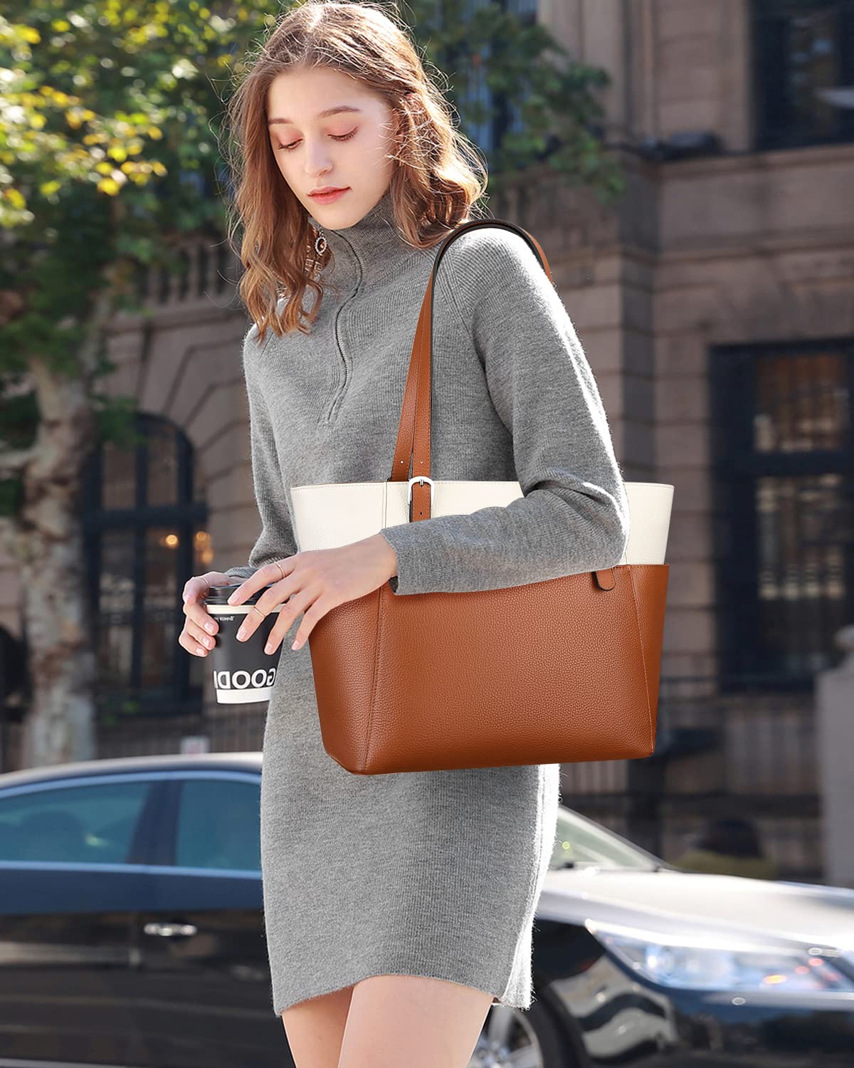 Over Earth Women Leather Handbags Genuine Leather Tote Shoulder Bag Crossbody with Multi Pockets(O105E Brown with White)