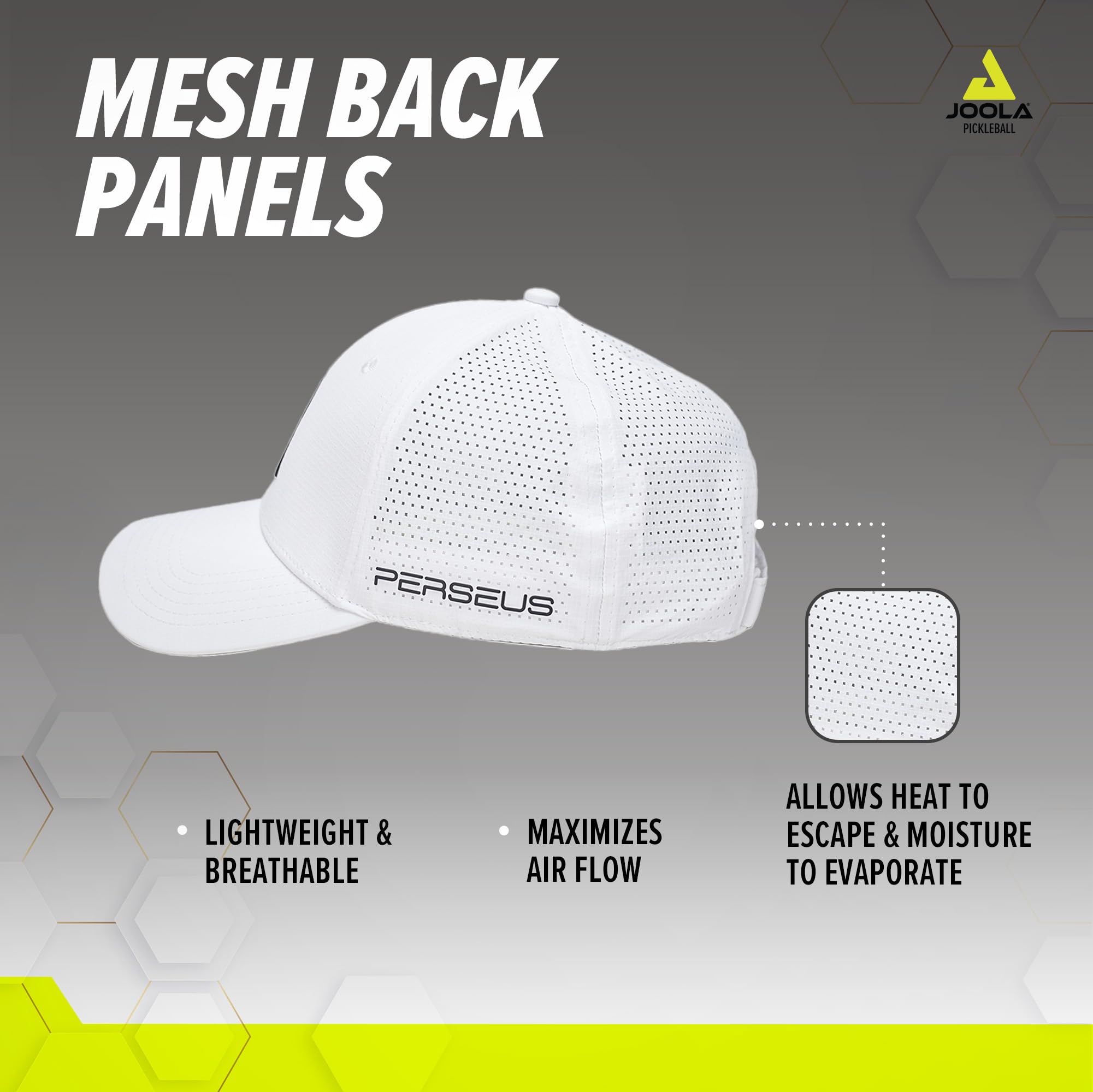 The JOOLA Perseus Hat – Ben Johns Pickleball Hat – Mesh Back Performance Hat with Moisture Wicking Sweatband - Features JOOLA & Perseus Logos - White