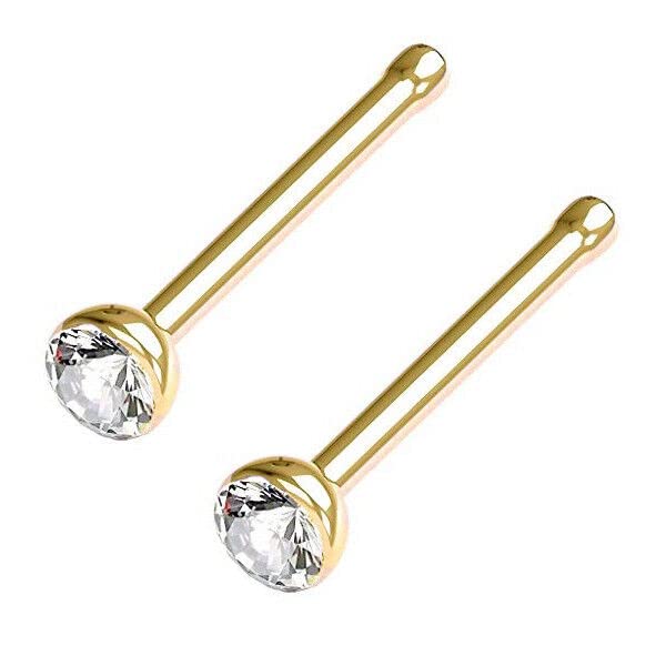 PAIR 18G GOLD TITANIUM 2MM PRESS FIT CZ CLEAR GEM NOSE STUD BONE RING PIERCING Style 88888-763