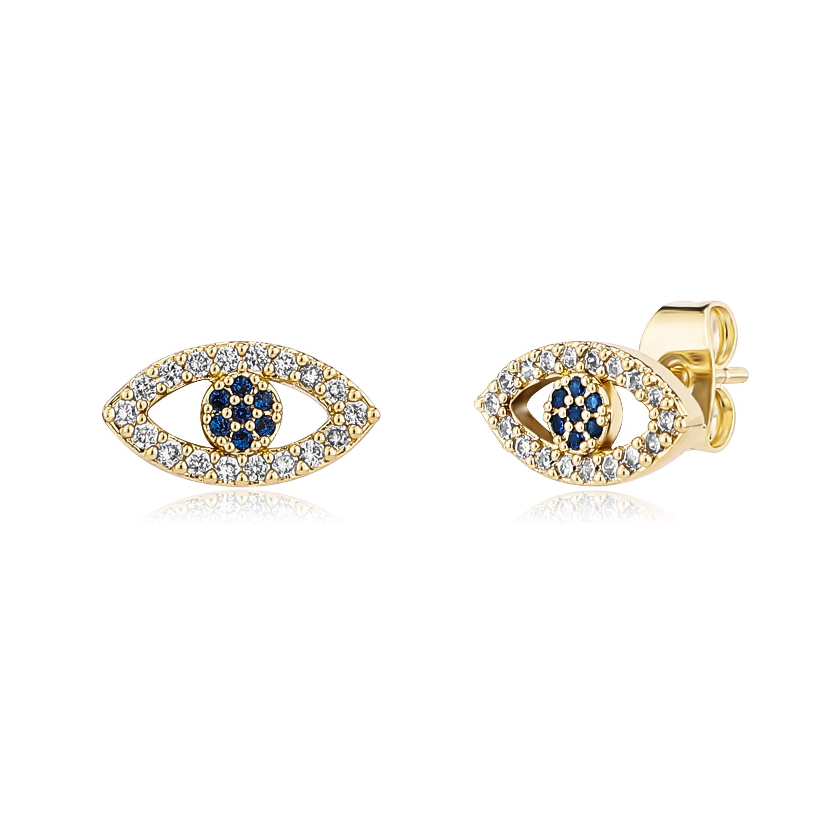 OYOGAA 18K Gold Blue Evil Eye Stud Earrings Fully Iced Out Diamonds Cubic Zirconia 925 Sterling Silver Tiny Cute Small Daily Eye Stud Earrings For Men Women (Gold)