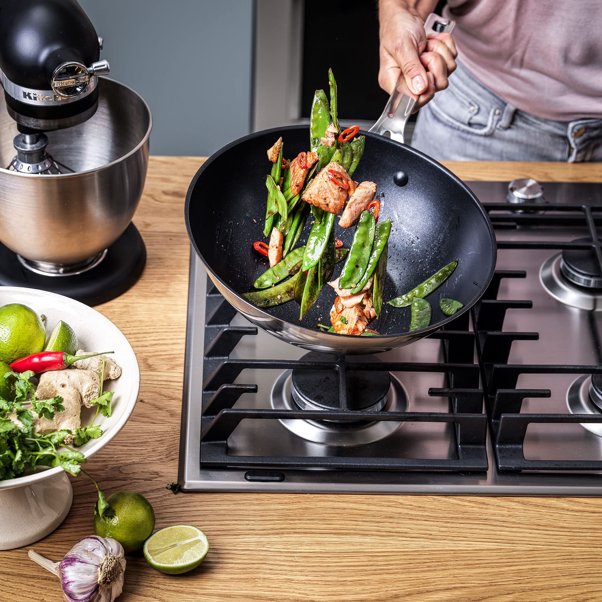 KitchenAid Wok, Non Stick Stainless Steel Wok with Stainless Handle - Induction, Oven & Dishwasher Safe - 28 cm