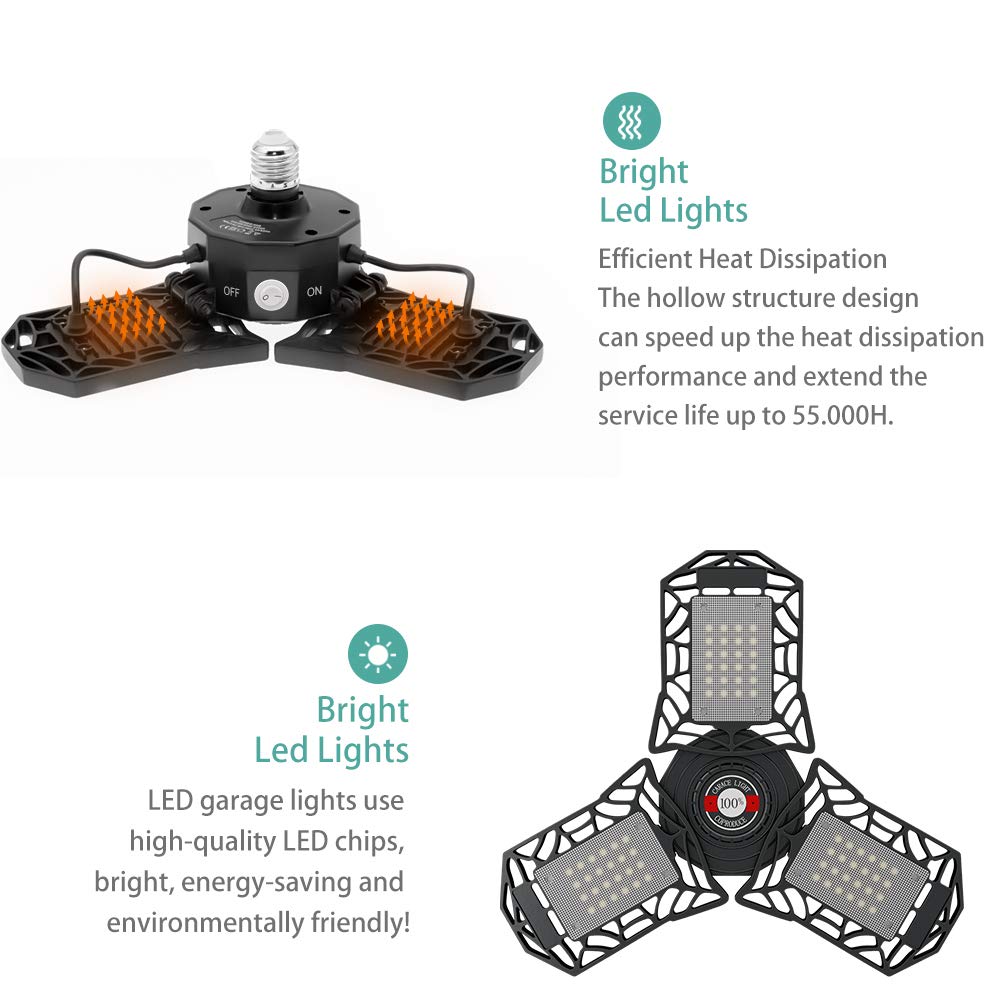 LED Garage Lights, 6000LM 6500K Super Bright Garage Ceiling Light with E26 Screw Socket, LED Three-Leaf Shop Light Adjustable Multi-Position Panels for Garage Attic Basement (Radar Sensor, 100W)