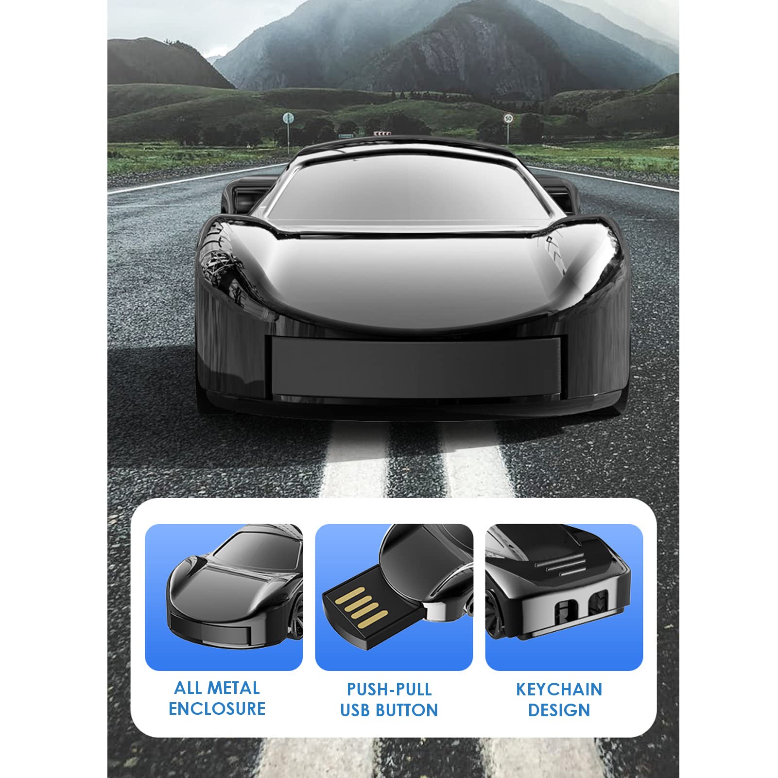 USB Flash Drive, Car Shaped USB 2.0 Thumb Drive Memory Stick, Novelty USB 2.0 Flash Thumb Drive Keychain, with Lanyard (Black)