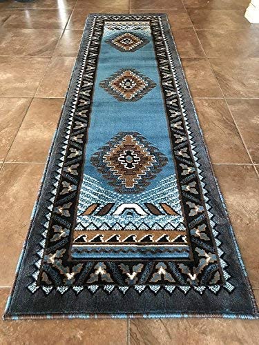 Kingdom Southwest Native American Runner Area Rug Blue & Brown Design D143 (2 Feet X 7 Feet)