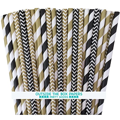 Outside the Box Papers Black and Gold Chevron and Striped Paper Straws 7.75 Inches 100 Pack Black, Gold, White