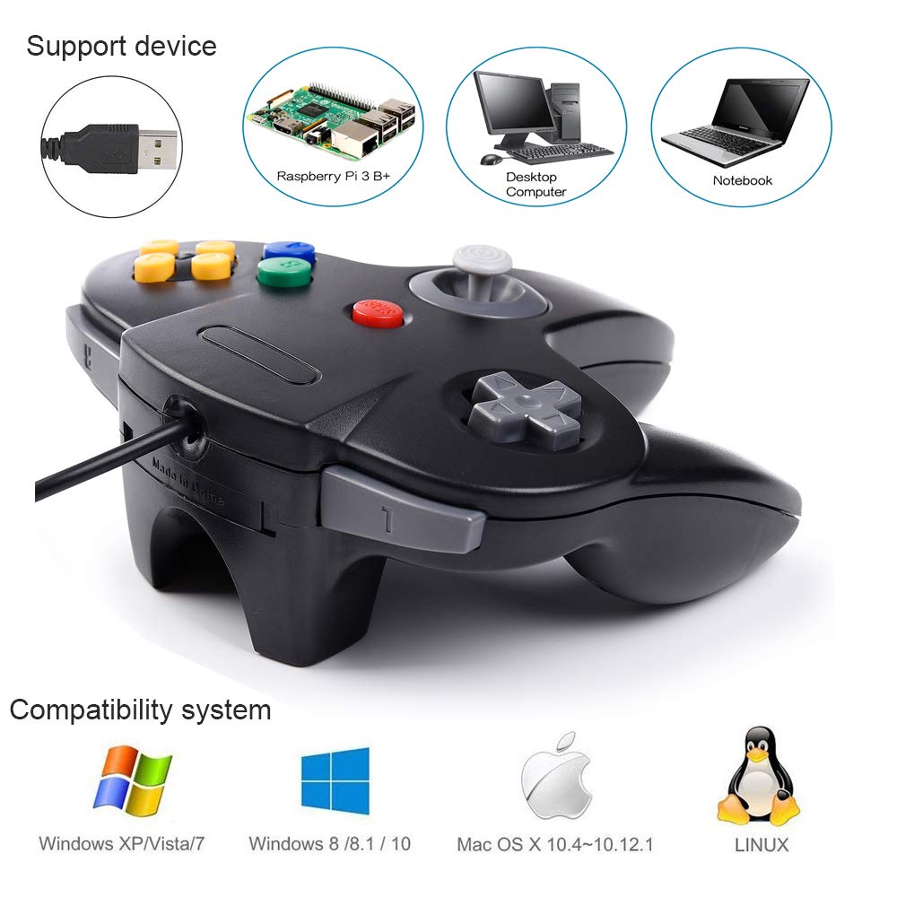 KIWITATA 2 Pack Classic N64 USB Controller, kiwitatá Retro N64 Wired USB Remote Game Pad Joystick Controller for Windows PC & Mac Raspberry Pi 3 Black
