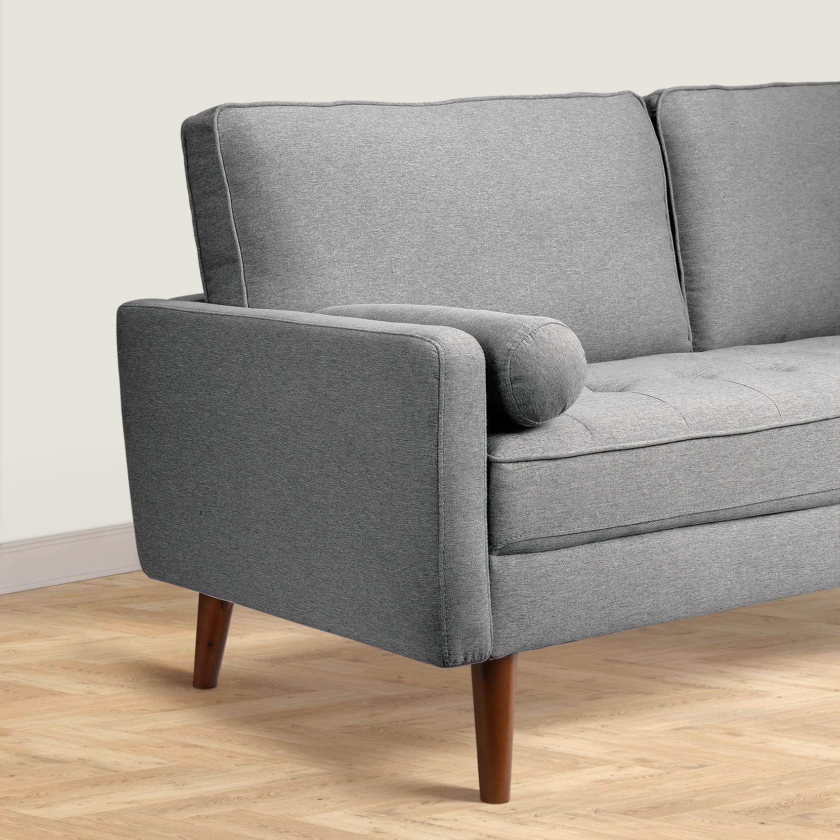 koorlian Sofa Couch, 2 Seater Fabric Loveseat, Mid Century Modern Couches for Living Room, Button Tufted Seat Cushion, Square Armrest, 2 Throw Pillows, Fit for Small Spaces, Dorm, Apart, Grey