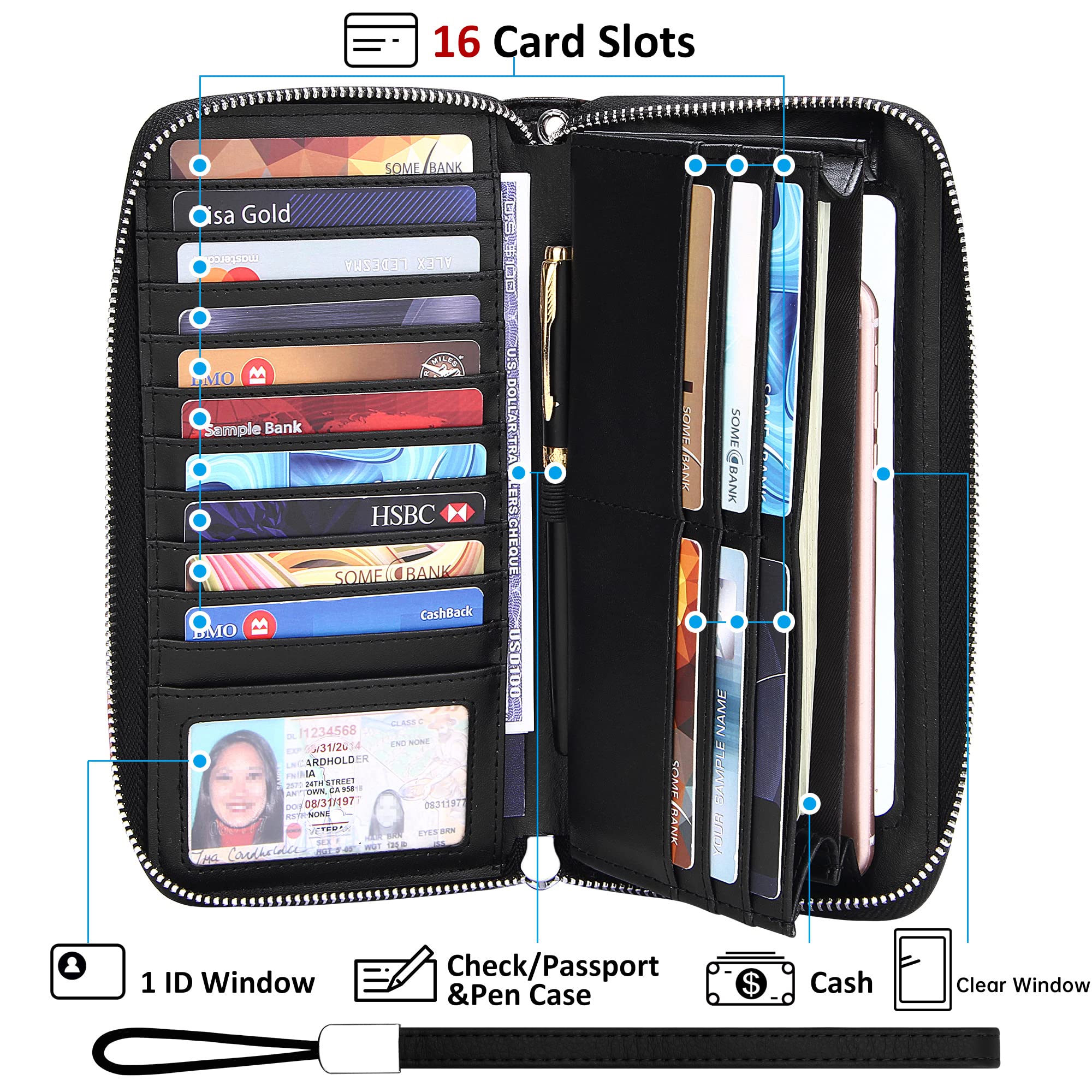 Large Capacity Credit Card Holder Organizer Bifold Wallet for Women Zip Around with Wristlet & Clear Window Clutch Purse Gift Packing(Green)