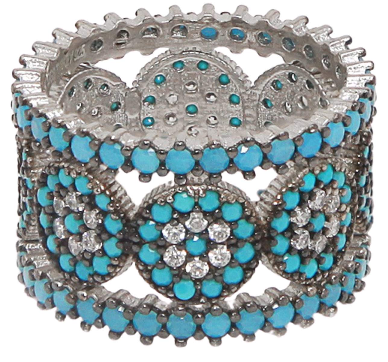 Ottoman Silver Collection CZ Full Eternity Trio Ring Set with Sterling Silver Turquoise Navy Blue Black and Cubic Zirconia Floral Design in Artisan Handcrafted (Turquoise, 9)