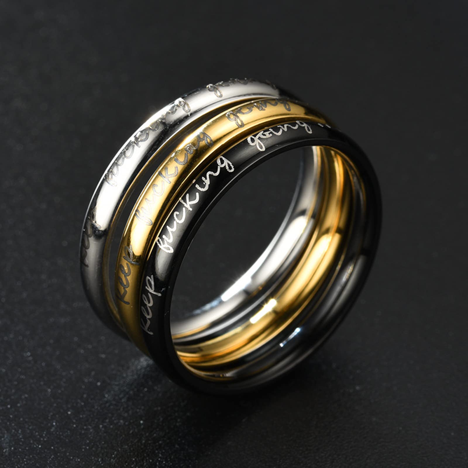 PAKULA Stainless Steel Rings Inspirational Mantra Graduation Statement Encouragement 3mm Stackable Keep Fucking Going Band Ring for Women Men (Black, Size 13)