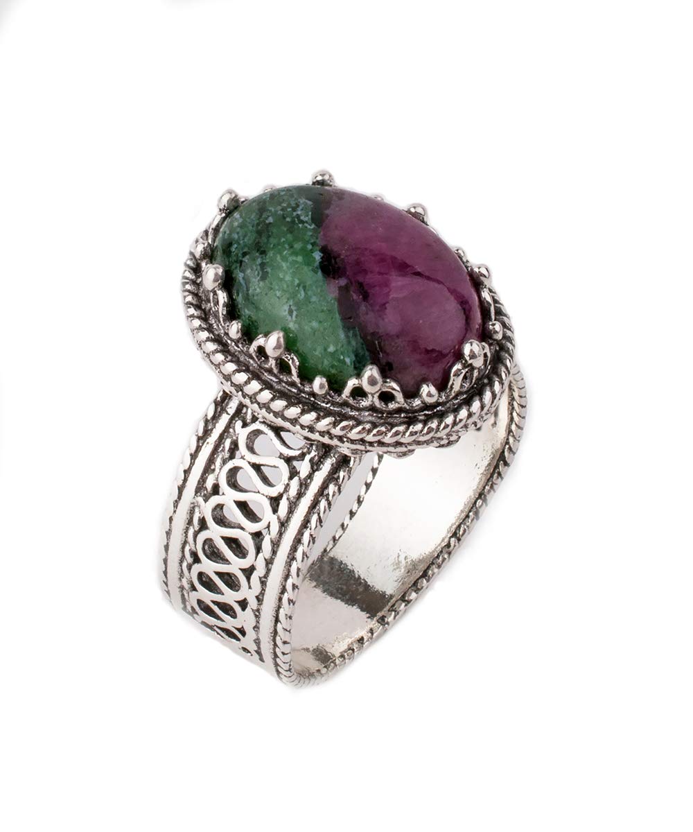 Ottoman Silver Collection 925 Sterling Silver Filigree Style Dainty Oval Shaped Genuine Black Spinel Ruby Zoisite Gemstones Ring Special Selection for You and Your Precious (12, Zoisite)