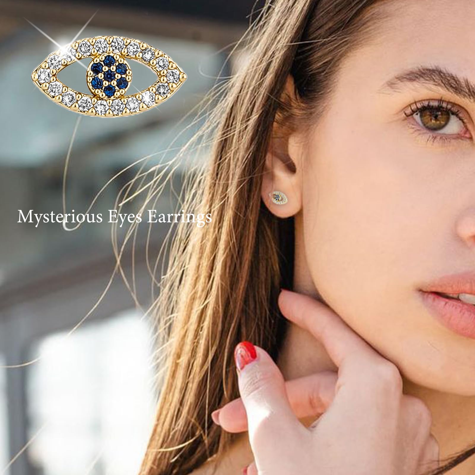 OYOGAA 18K Gold Blue Evil Eye Stud Earrings Fully Iced Out Diamonds Cubic Zirconia 925 Sterling Silver Tiny Cute Small Daily Eye Stud Earrings For Men Women (Gold)