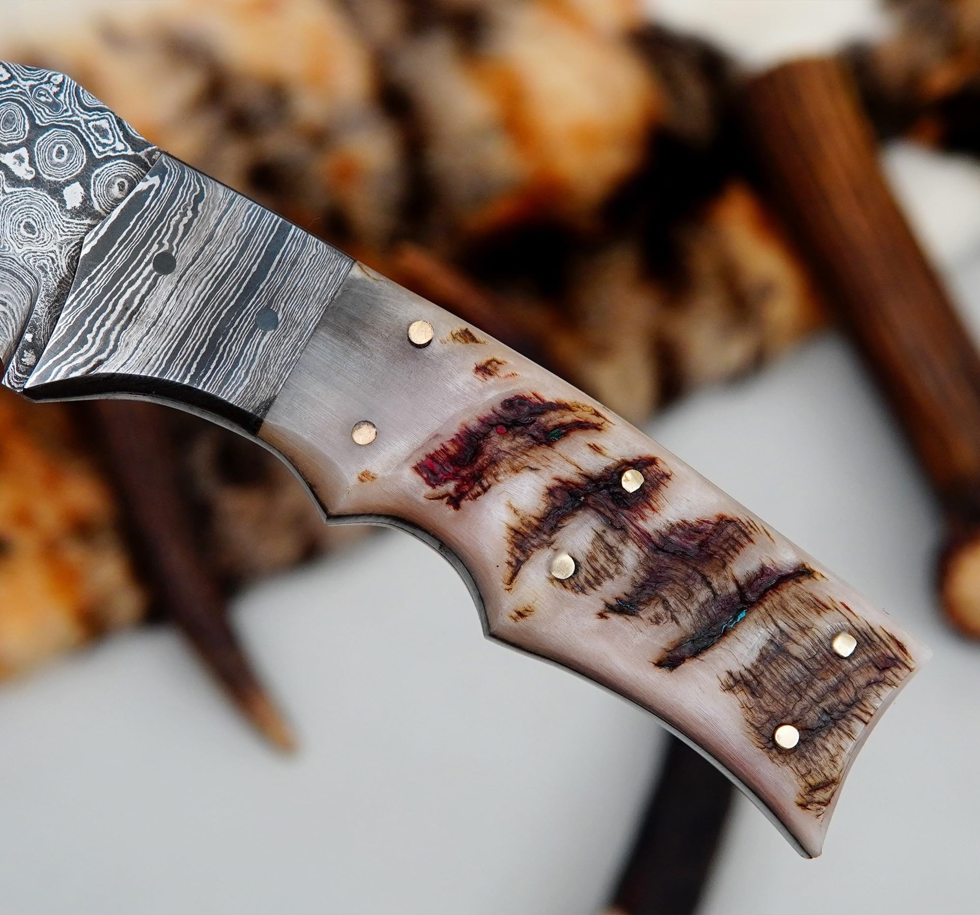 Ottoza Tracker Knife & Ram Horn Handle - Damascus Hunting Knife - Horizontal Carry Knife Sheath 262