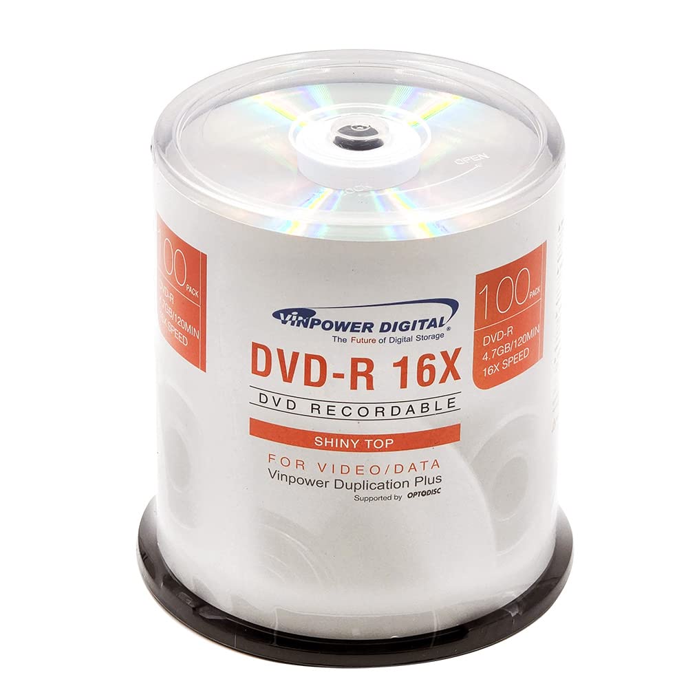 Vinpower Digital DVD-R 4.7GB 16x Silver Top Recordable Media 100 Disc Cake Box Spindle Shiny Silver Lacquer Top Premium Archival Grade Blank DVDs for Burning Video