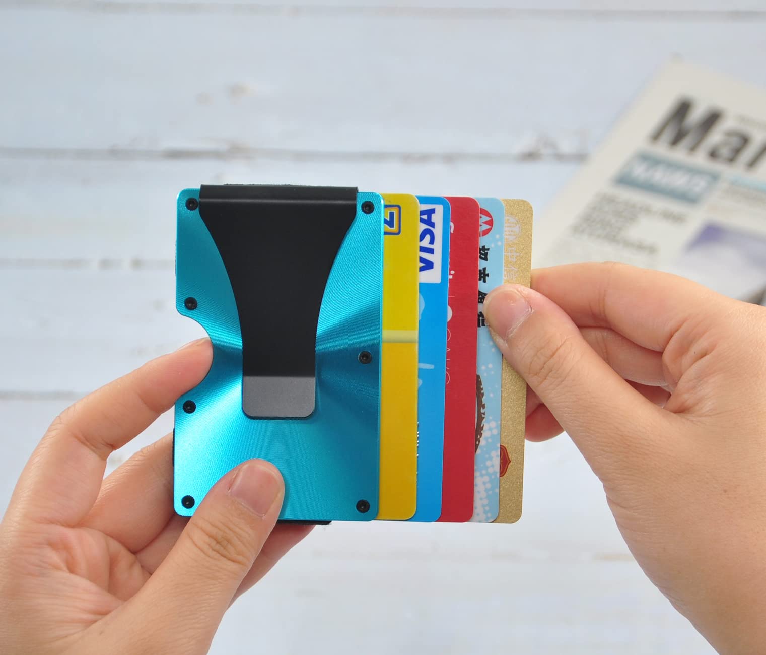 Metal Minimalist Wallets for men with Money Clip - Slim Wallet Credit Card Holder RFID Blocking, Aluminum(Cd Raised Grain, Blue)