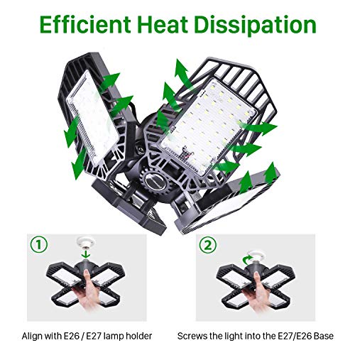 LED Garage Light,60W Four Leaf Tribright Deformable LED Lights, 6000 Lumen Quadruple Glow LED Garage Light, CRI 80, 6000K Retractable Garage Ceiling Light for Warehouse, Basement, Barn (Black-2 Pack)