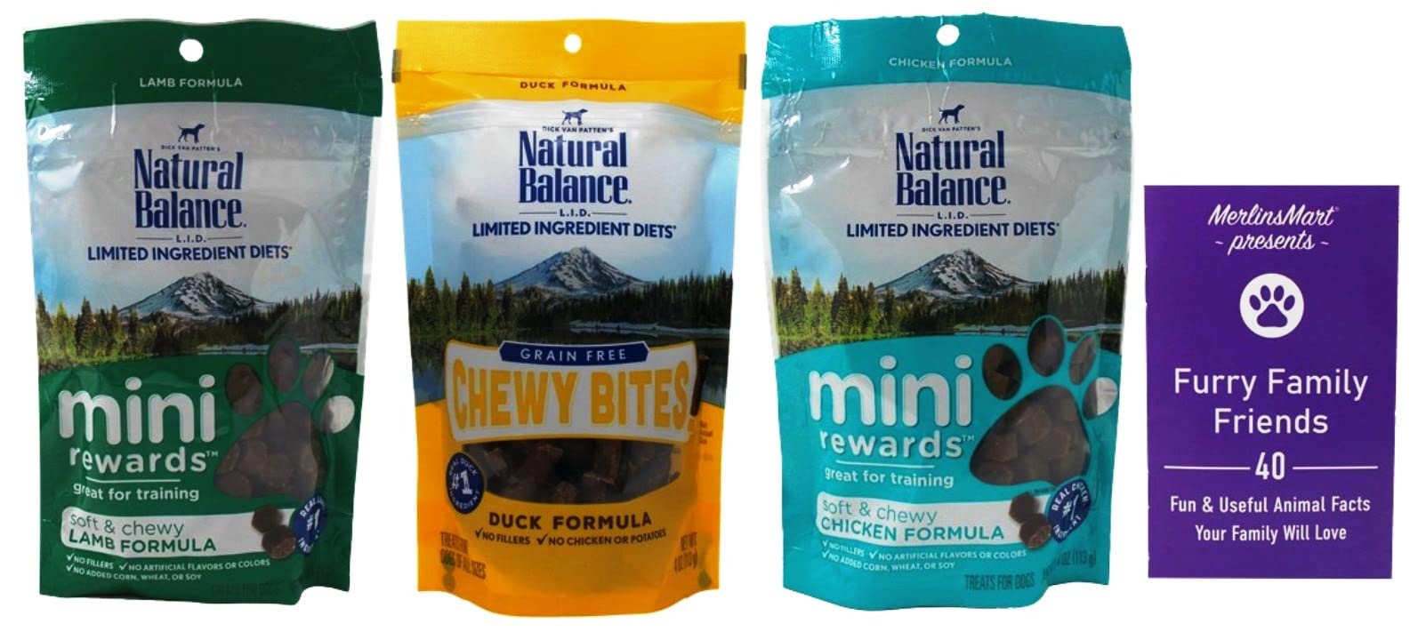 Natural Balance L.I.D. Mini Rewards Chewy Bites Dog Treats 3 Flavor Bundle - (1) Each: Lamb, Duck, Chicken (4 Ounces) - Plus Fun Animal Facts Booklet Bundle