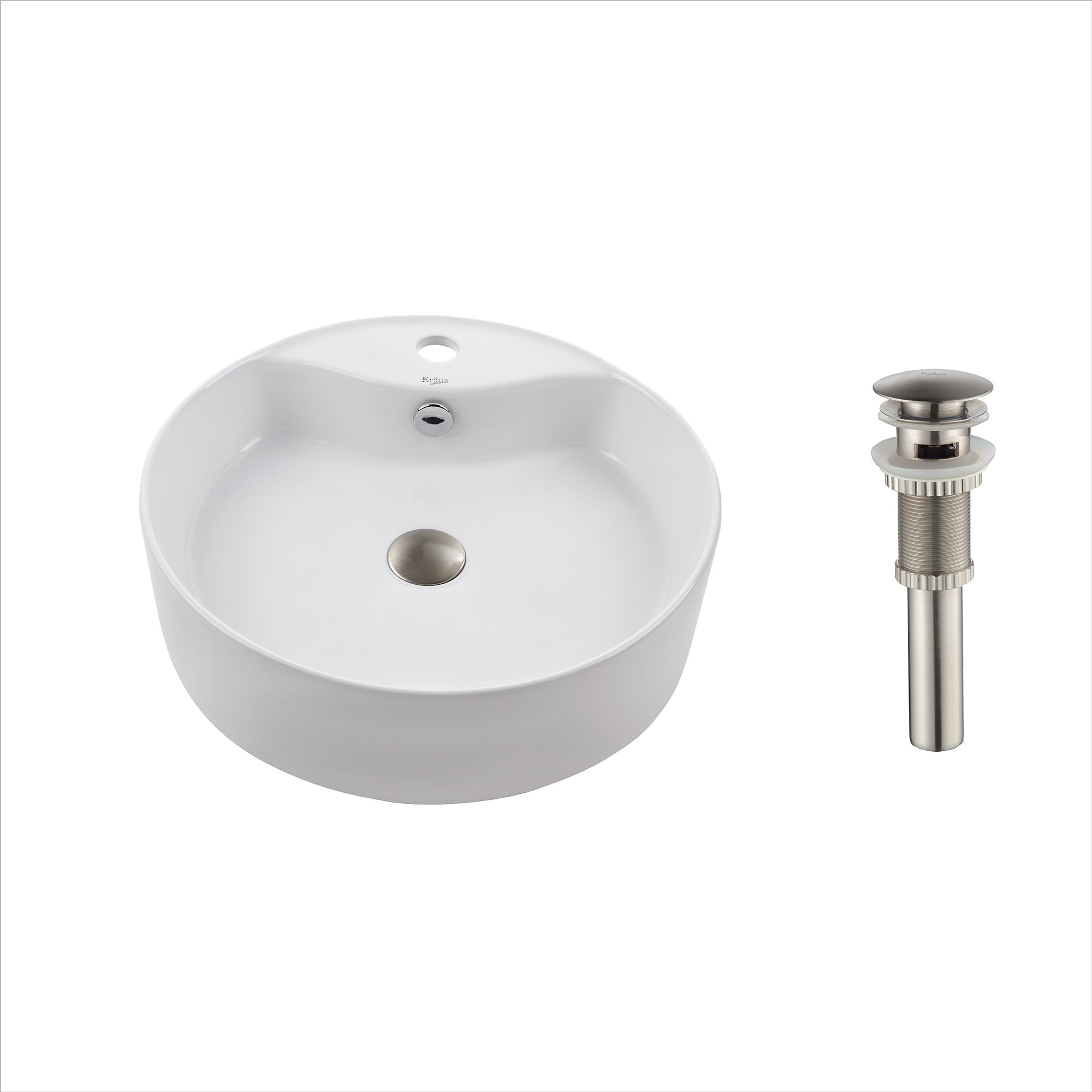 Kraus KCV-142-SN White Round Ceramic Bathroom Sink and Pop Up Drain with Overflow Satin Nickel