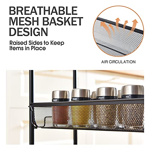 KINGRACK 4-Tier Slim Rolling Cart,Metal Utility Cart,Slide Out Storage Cart with Wooden Tabletop and Mesh Baskets for Narrow Space on Kitchen Bathroom Laundry Room Bedroom Apartments Dormitory, Black