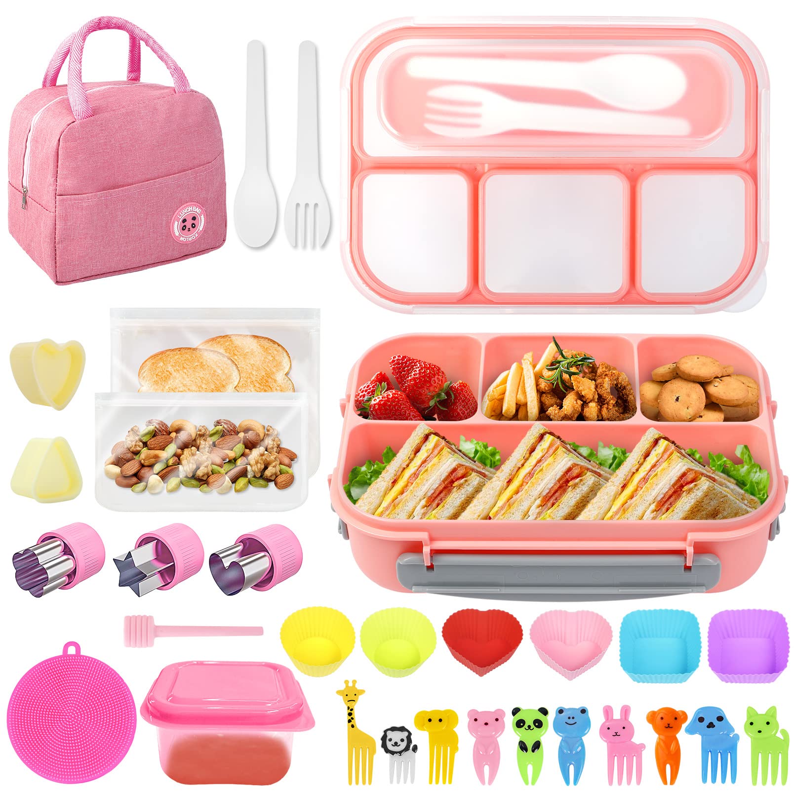 Korlon 30 Pcs Bento Box for Kids, 1300ML 4 Compartment Lunch Box Kids, Leakproof Lunch Containers for Adults with Various Accessories for Carrying Meals