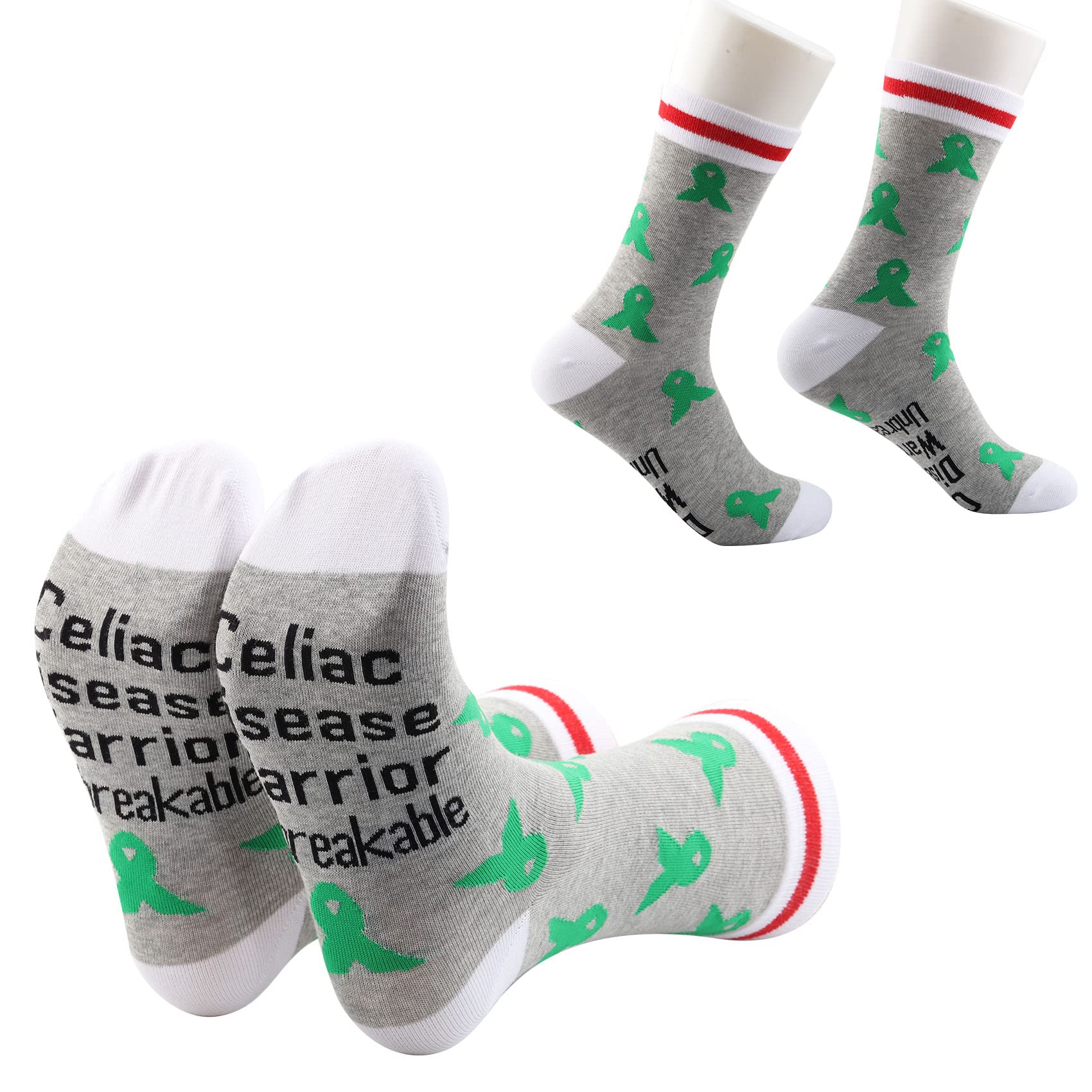 PXTIDY 2 Pairs Celiac Disease Awareness Socks Celiac Disease Warrior Unbreakable Green Ribbon Sock Celiac Warrior Gift (2pairs/set)